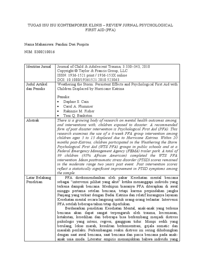 Review Jurnal First Aid - Isu Isu Kontemporer Klinis - Pandini DwinPuspita | PDF | Pengembangan Diri