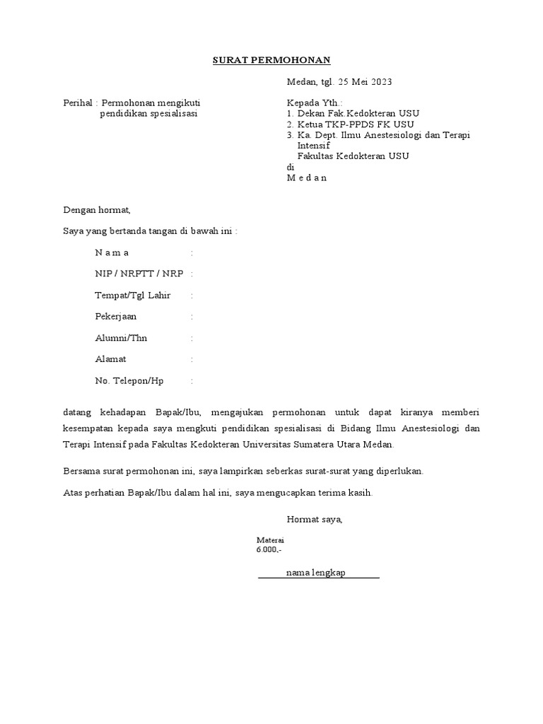 Surat Permohonan PPDS USU 4 | PDF