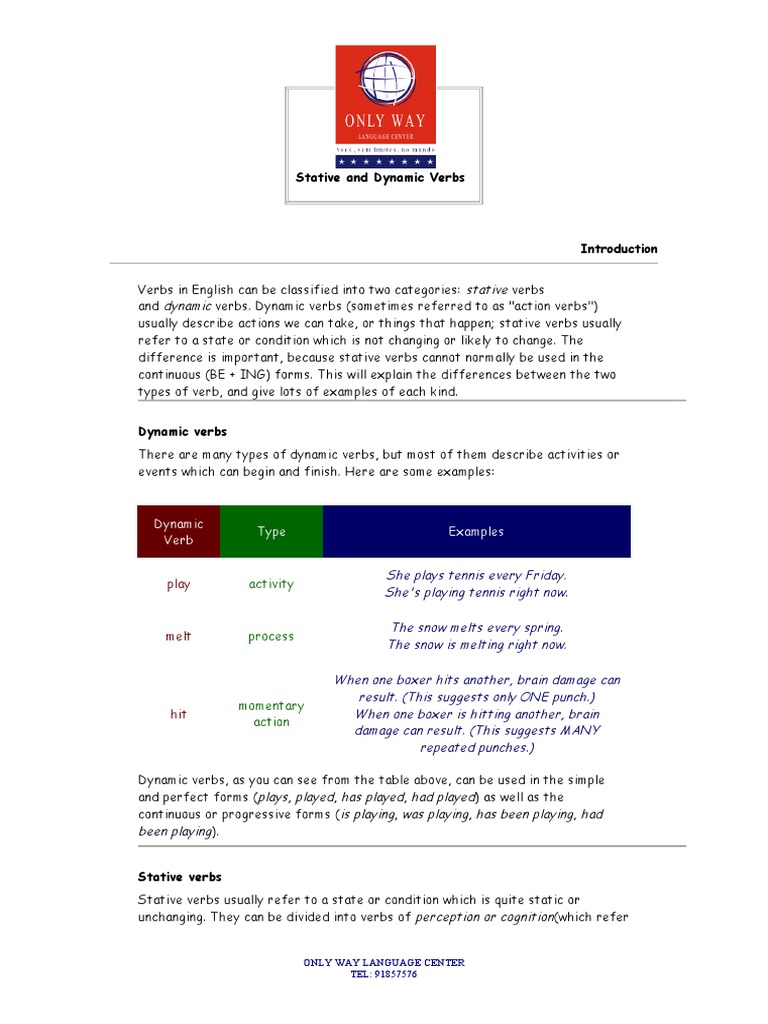 Stative and Dynamic Verbs | PDF | Cognitive Science | Grammar