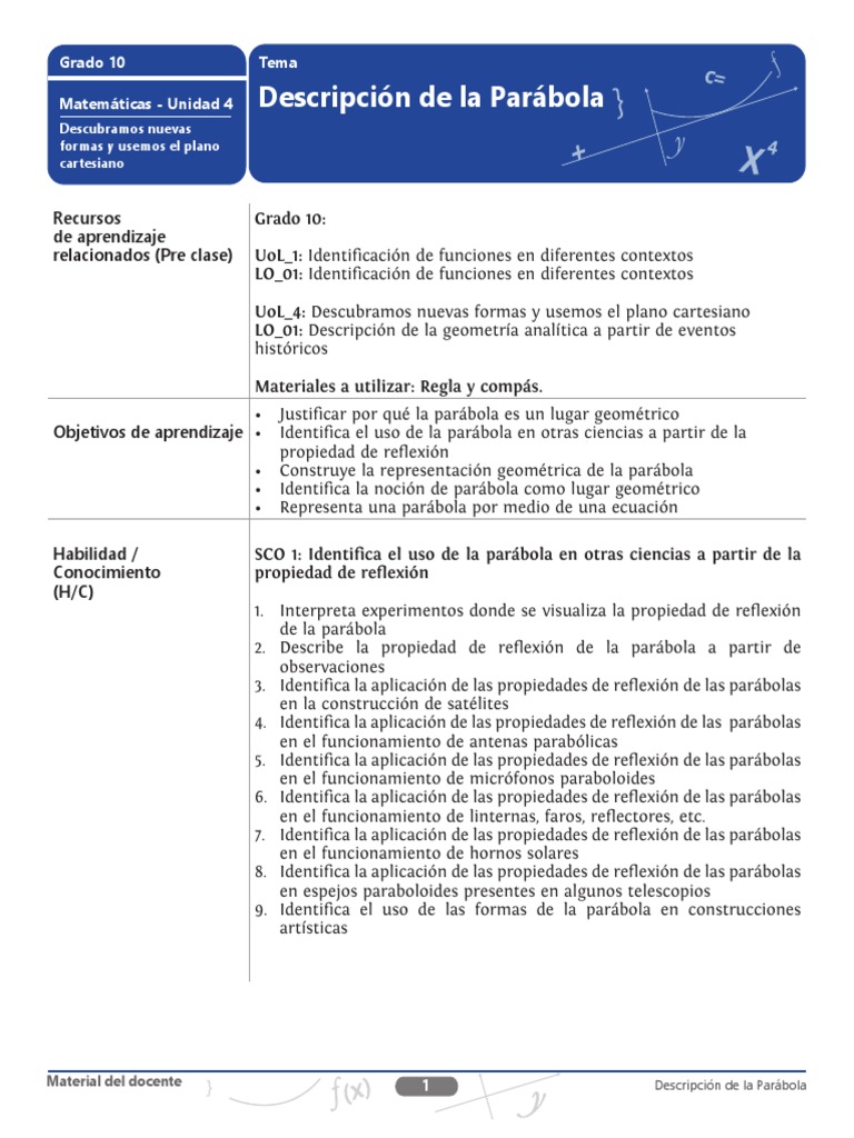 Descripción de La Parábola: Tema Matemáticas - Unidad 4 Grado 10 | PDF | Geometría Elemental ...