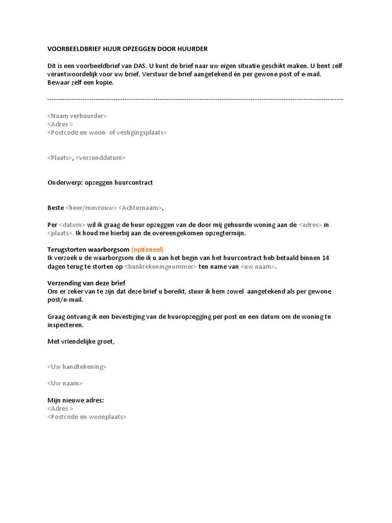 Voorbeeldbrief Opzeggen Huur Door Huurder | PDF