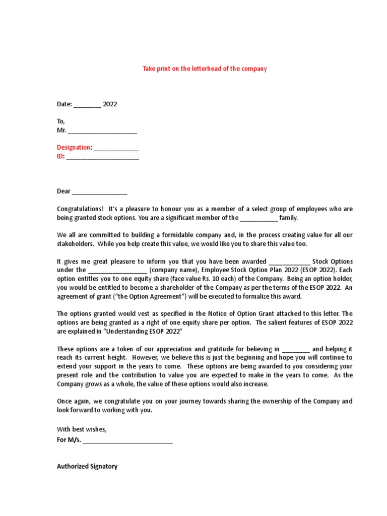 Letter of Grant | PDF | Stocks | Option (Finance)