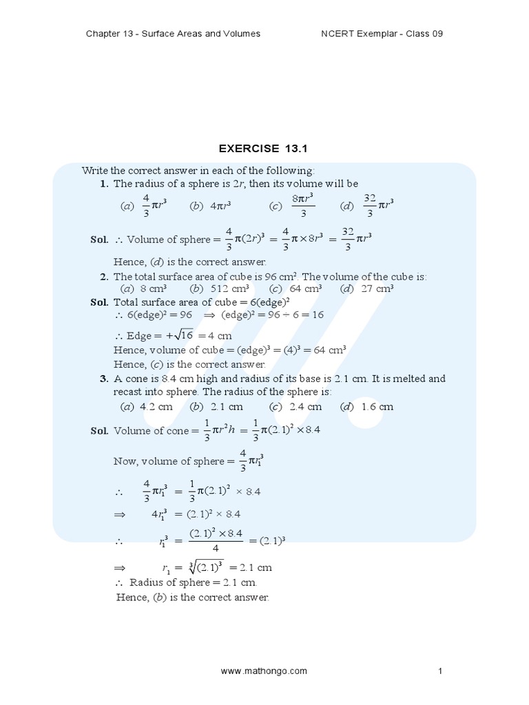 Ncert Exemplar Math Class 09 Chapter 13 Surface Areas and Volumes | PDF ...