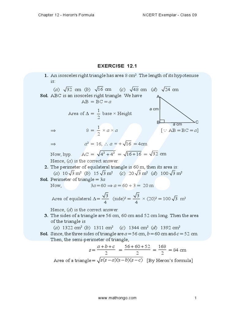 Ncert Exemplar Math Class 09 Chapter 12 Herons Formula Pdf Area