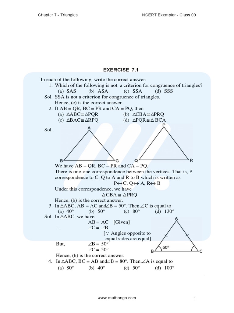 Ncert Exemplar Math Class 09 Chapter 07 Triangles | PDF | Triangle ...