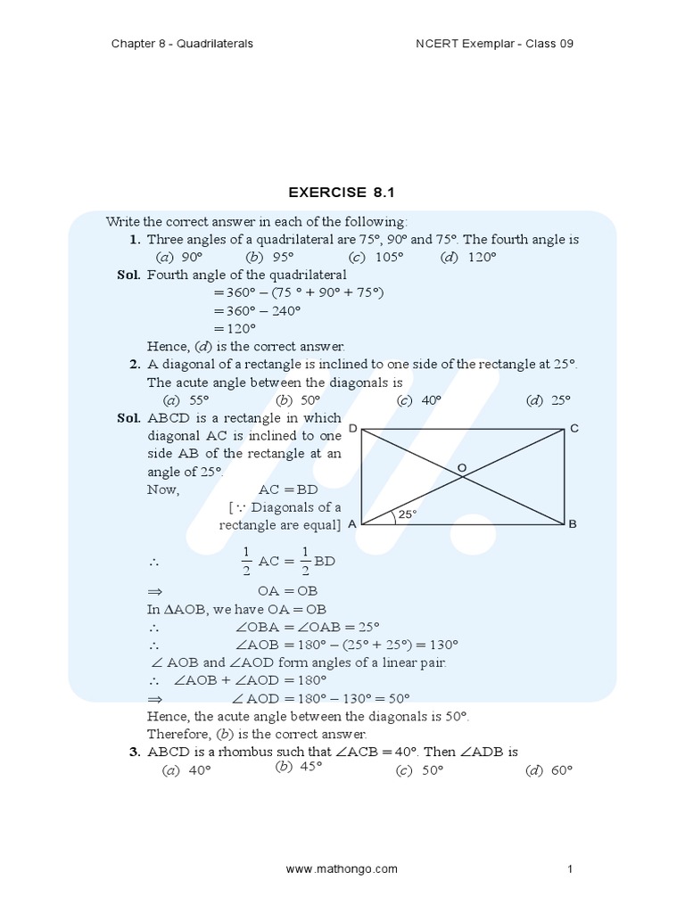 Ncert Exemplar Math Class 09 Chapter 08 Quadrilaterals | PDF | Rectangle | Perpendicular