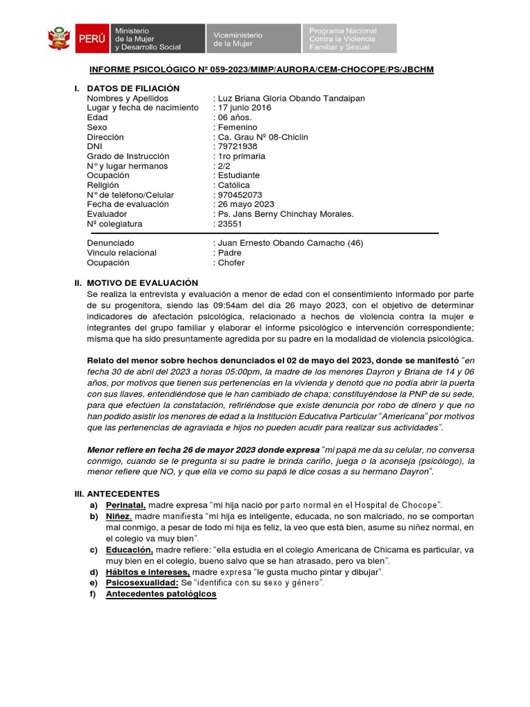 Informe 059-2023-Luz Briana Gloria Obando Tandaipan | Descargar gratis PDF | Sicología | Las ...