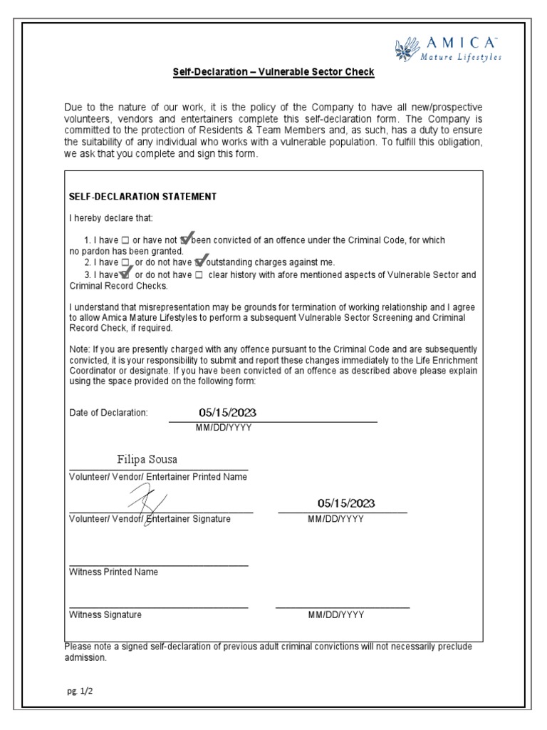 Self-Declaration for Vulnerable Sector Check | PDF | Crimes | Crime ...