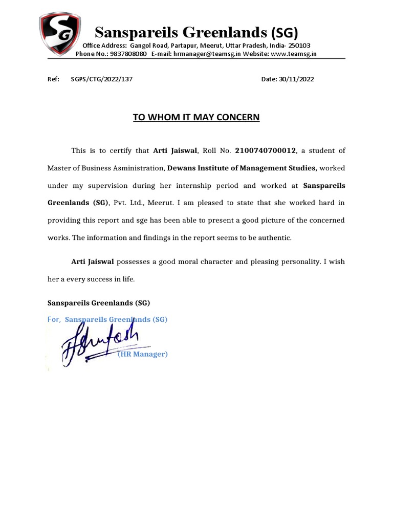 Summer Internship Completion Certificate Format | PDF