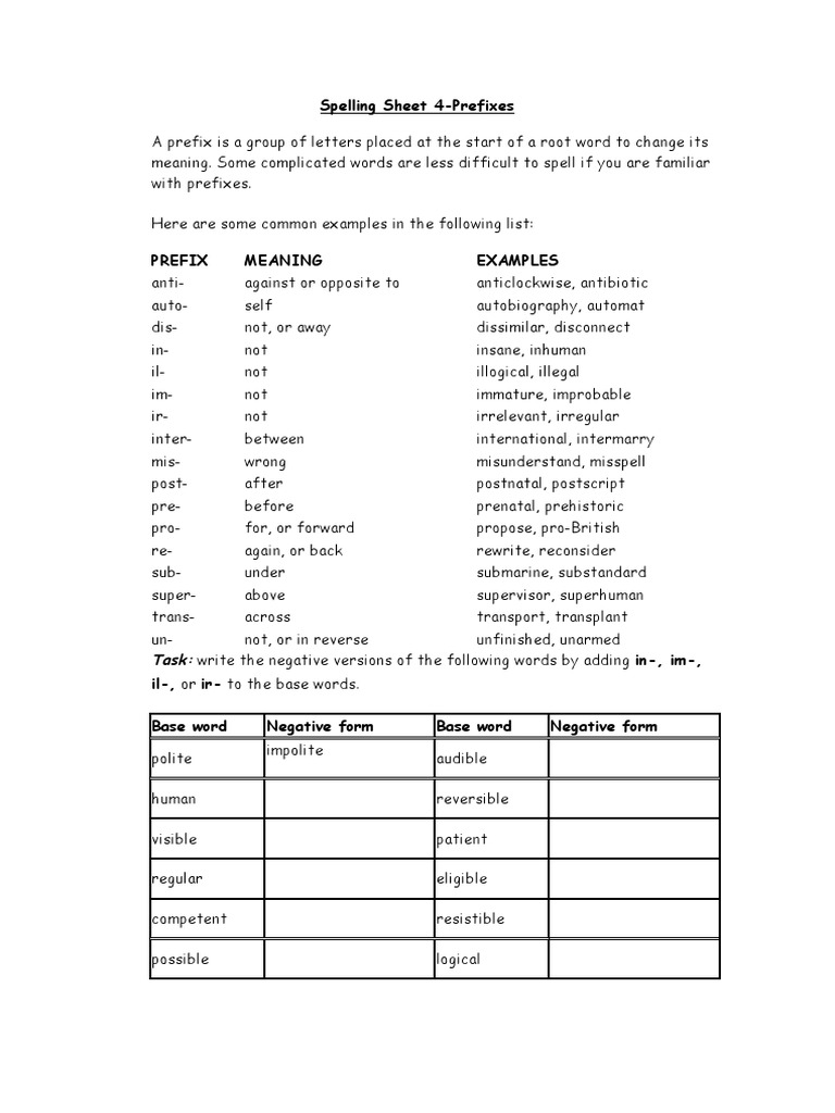 Spelling Sheet 4 - Prefixes and Root Words | PDF | Linguistics ...