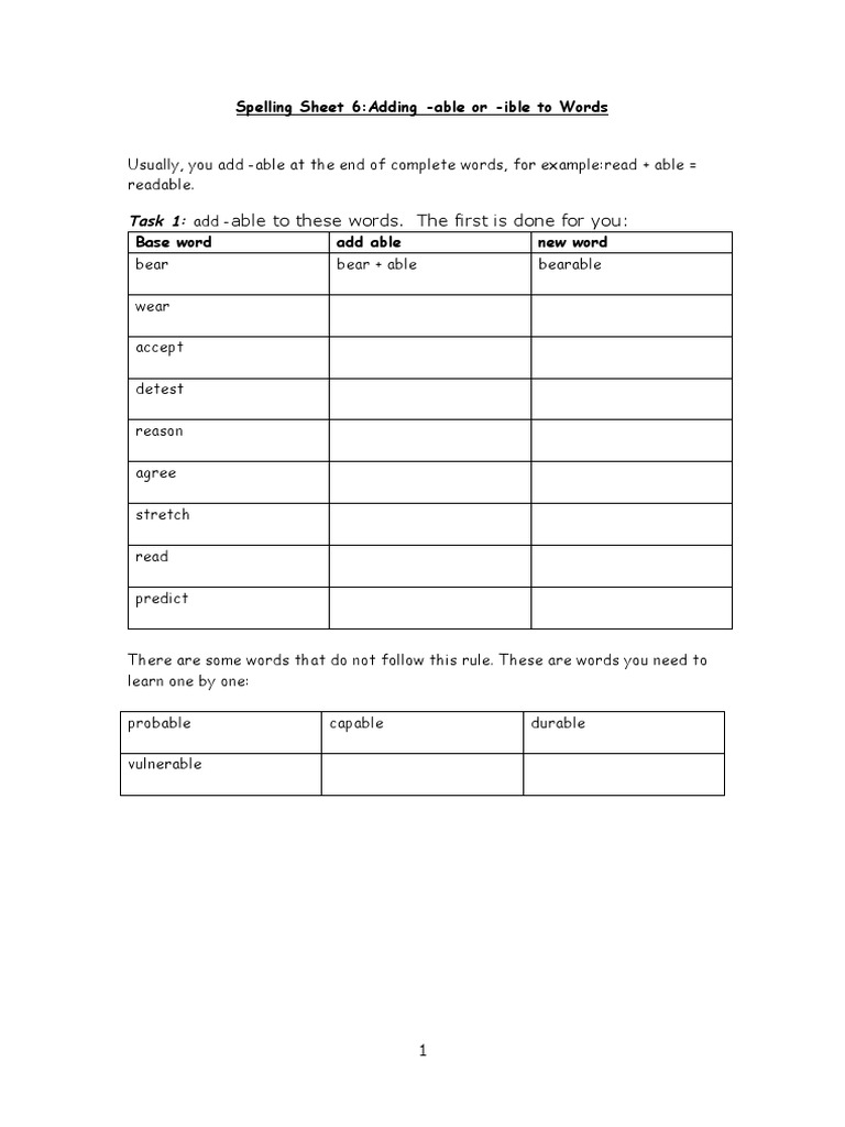 Spelling Sheet 6 - Adding ABLE and IBLE | PDF