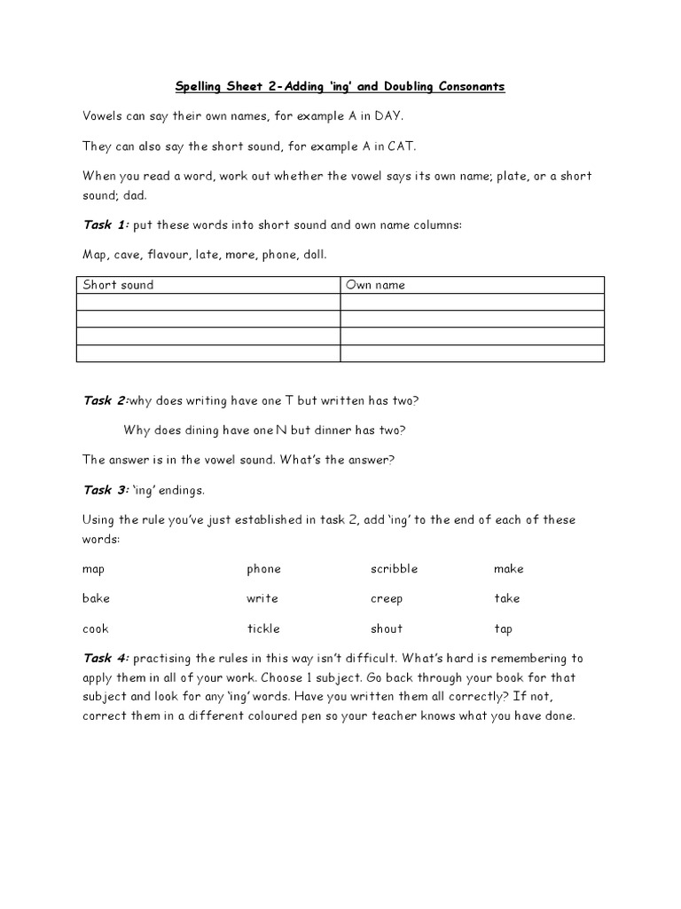 Spelling Sheet 2 - Adding ING and Doubling Consonants | PDF | Foreign ...