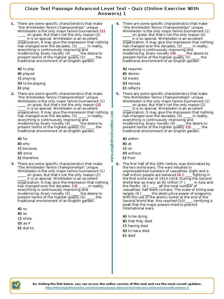 365 - Cloze Test Passage Advanced Level Test Quiz Online Exercise With ...