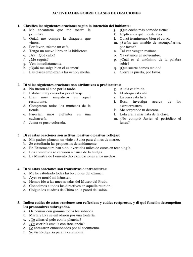 Actividades sobre Clases de Oraciones | PDF | Artes del Lenguaje y ...