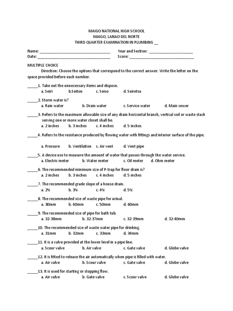 3rd EXAMINATION PLUMBING | PDF | Plumbing | Valve