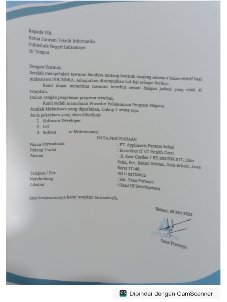 Surat Balasan PT - Applimetis | PDF