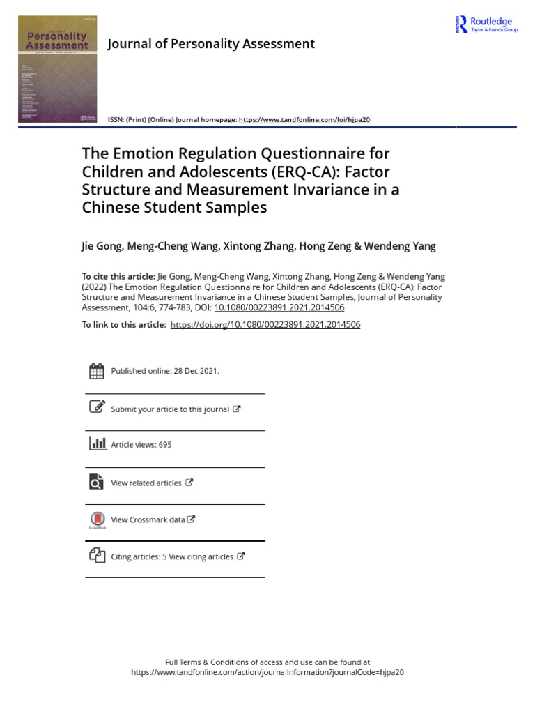 The Emotion Regulation Questionnaire for Children and Adolescents ERQ CA Factor Structure and ...