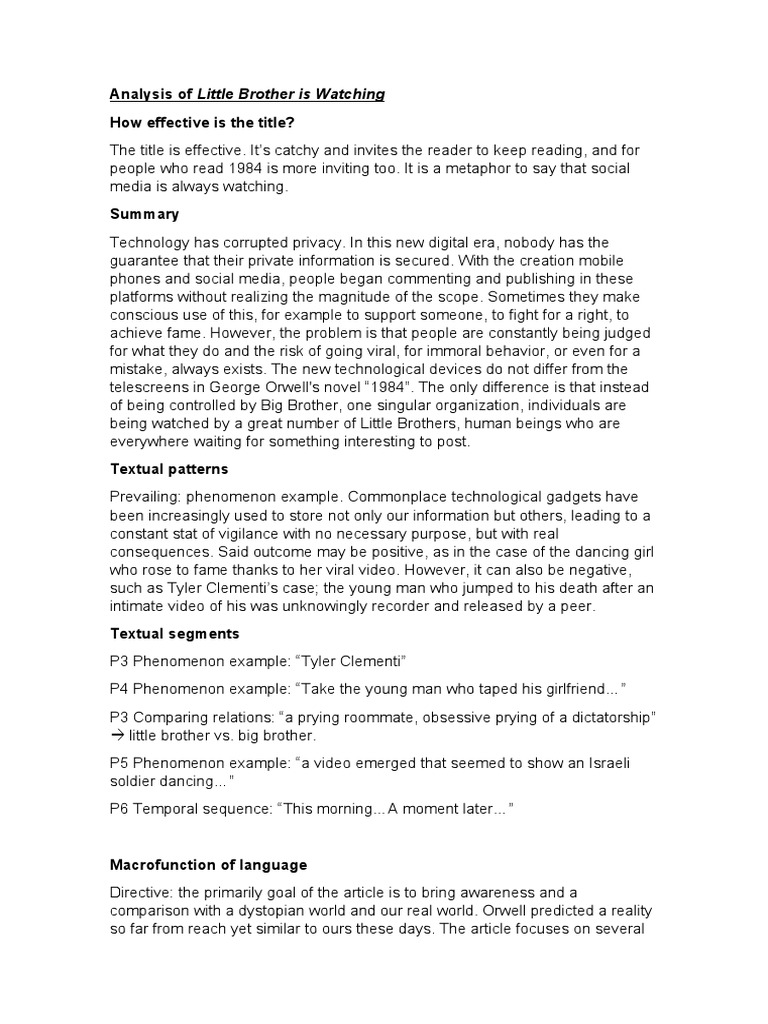 Analysis of Little Brother is Watching | PDF | Privacy | Linguistics