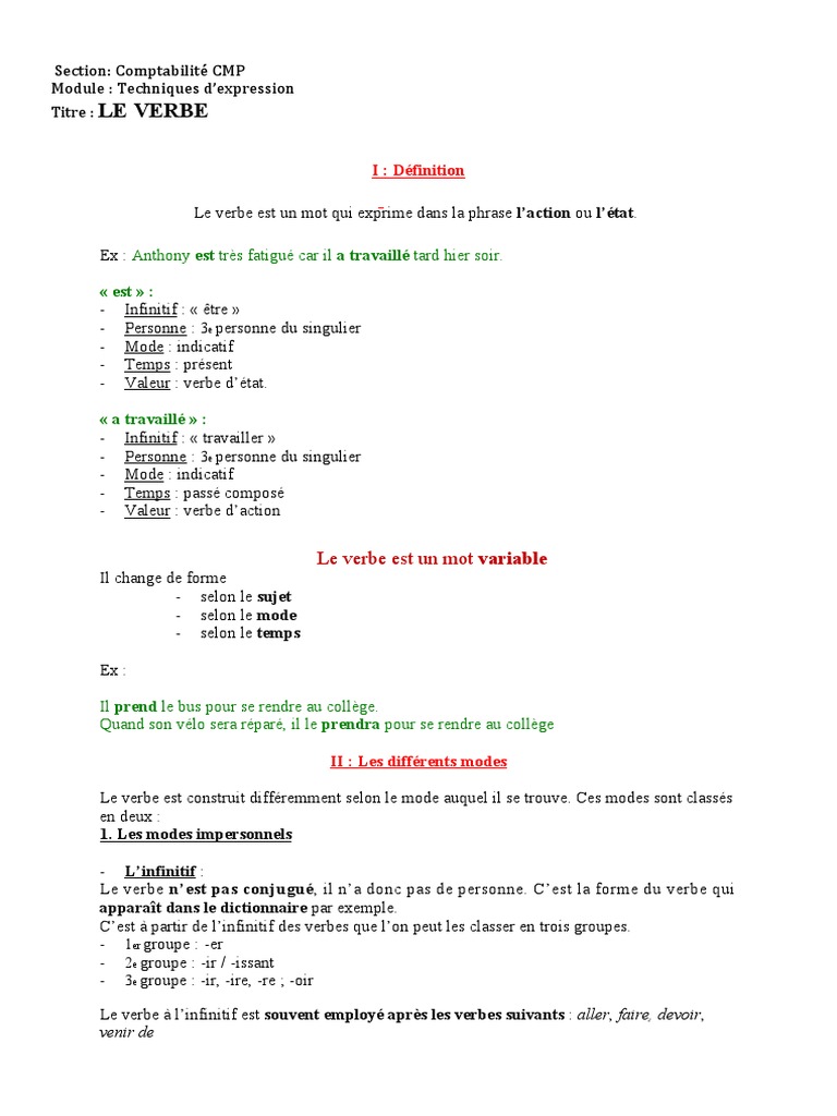 Cours de Grammaire Le Verbe | PDF | Verbe | Nombre grammatical