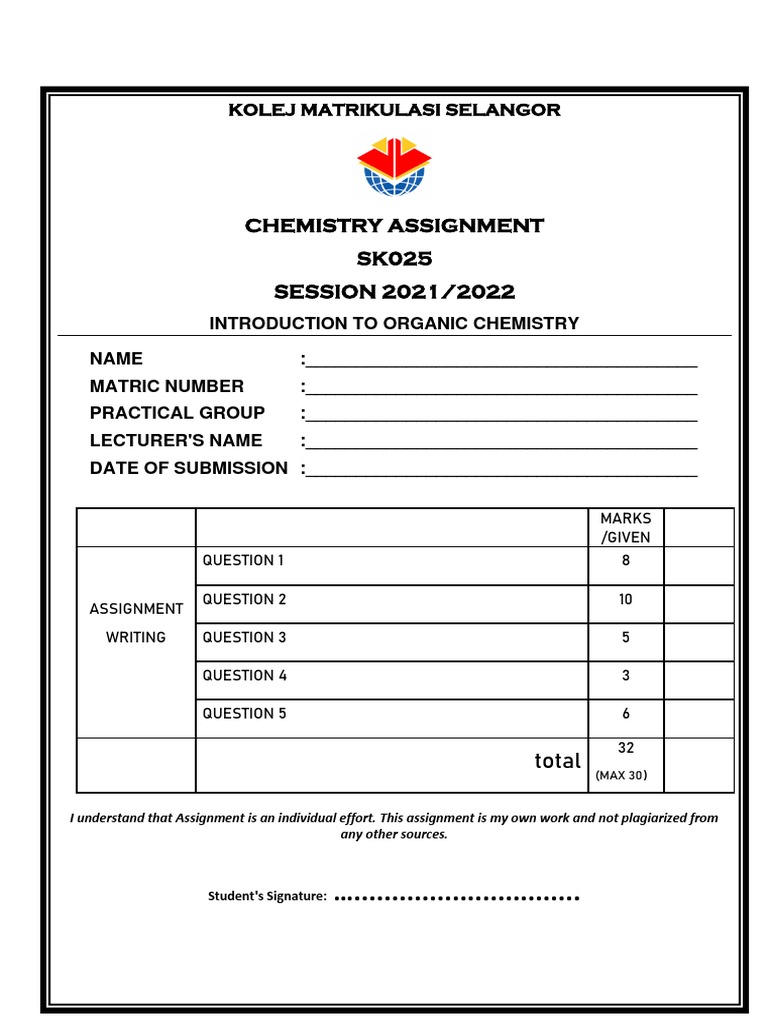 Assignmnet SK025 Chemistry Sem 2 Sesi 2021 - 22 Students | PDF | Isomer ...