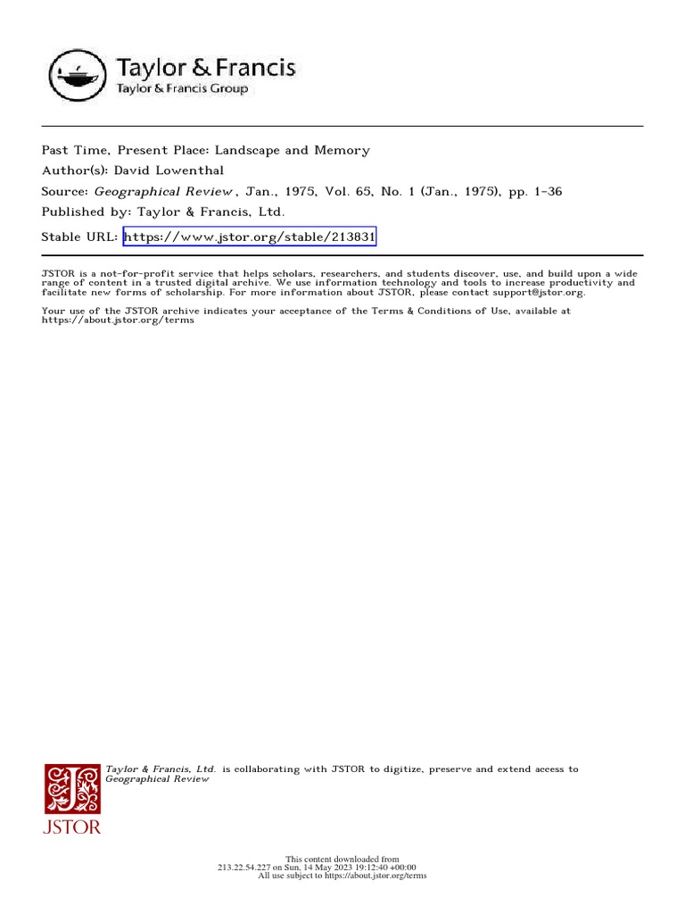 Past Time, Present Place. David Lowenthal | PDF | Nostalgia