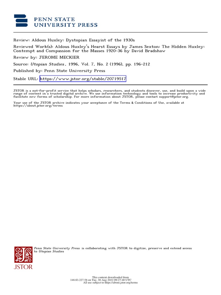 Aldous Huxley - Dystopian Essayist of The 1930s by Jerome Meckier | PDF ...