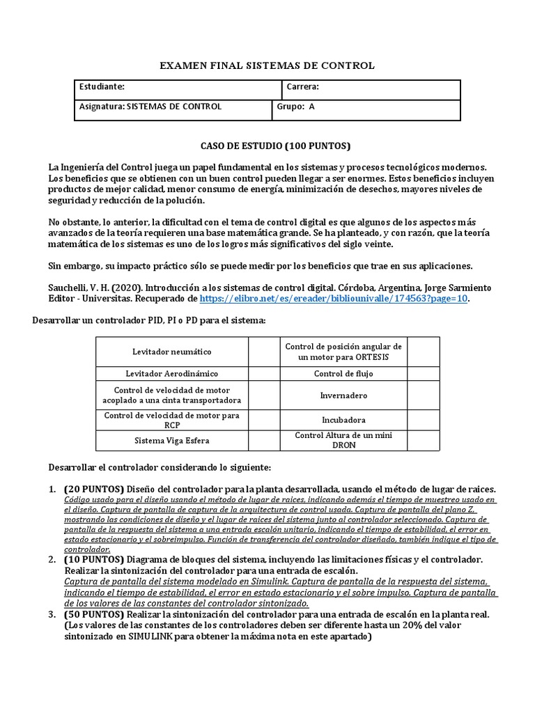 Hoja de Solucion Ef Sistemas de Control 2022 | PDF | Informática | Ciencias fisicas