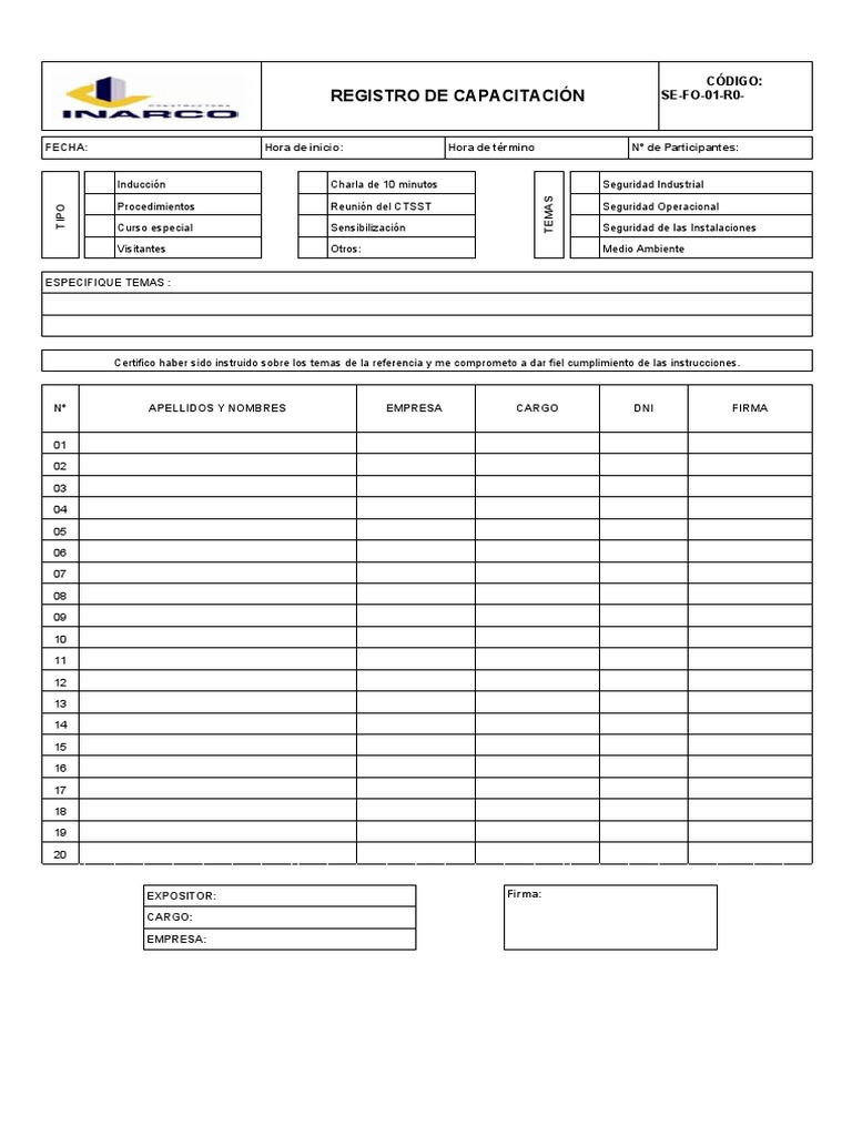 Se Fo 01 r0 Registro de Capacitacion | PDF Se Fo 01 r0 Registro de Capacitacion | PDF