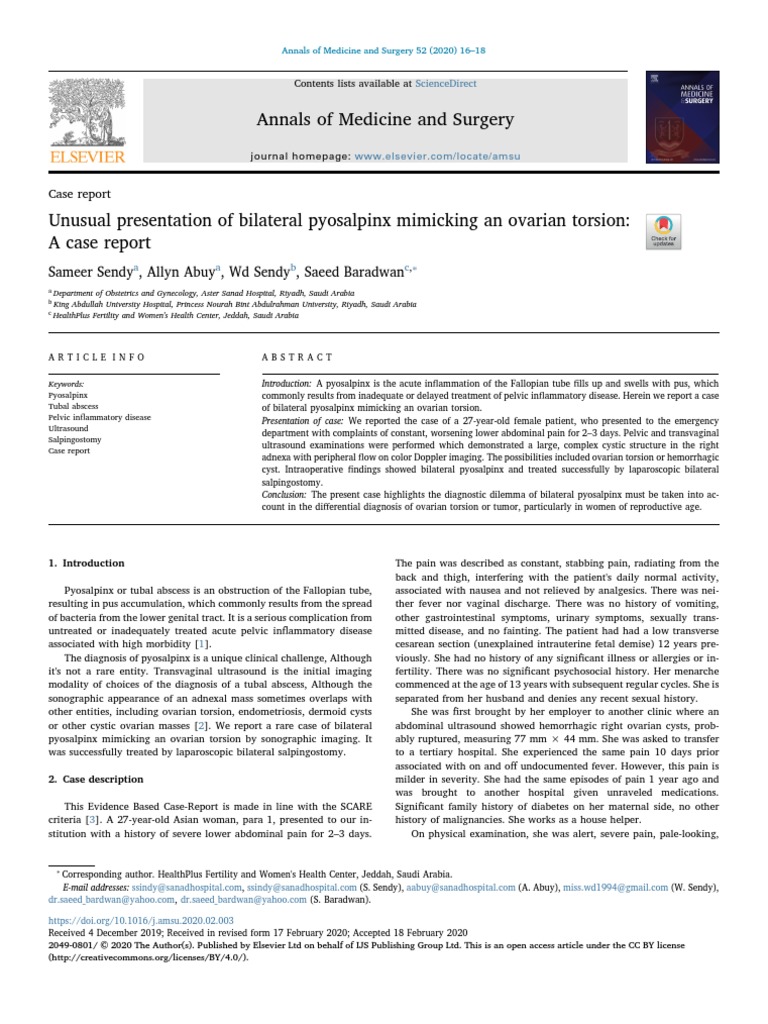 Bilateral Pyosalpinx Case Mimicking Ovarian Torsion | PDF | Ovarian ...