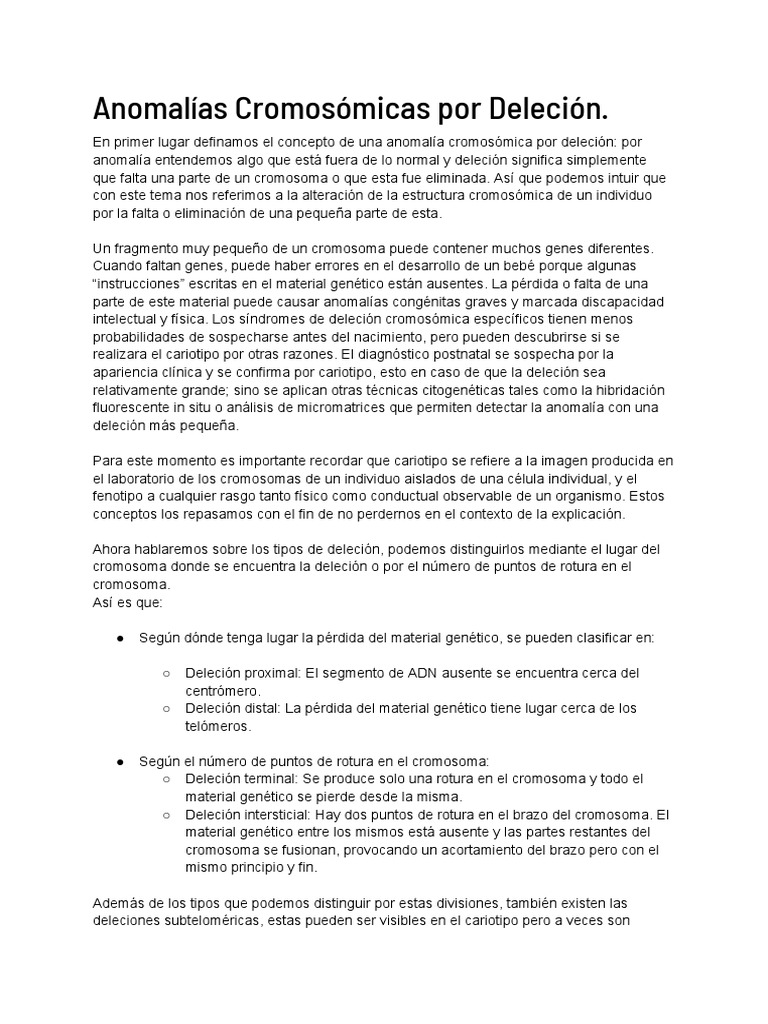 Anomalías Cromosómicas Por Deleción | PDF | Deleción (Genética) | Cromosoma