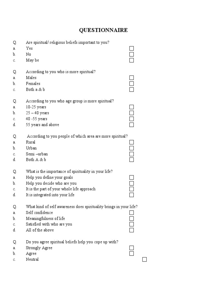 Questionnaire On Spirtualiy | PDF | Spirituality | Cognition