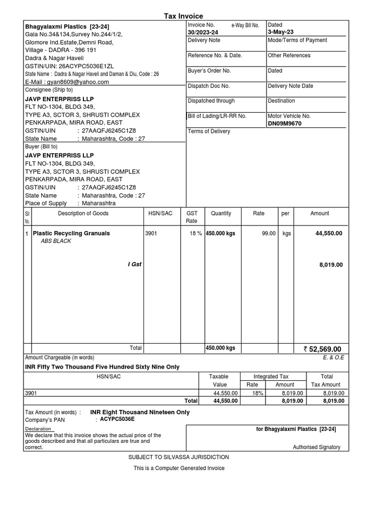 Tax Invoice: Bhagyalaxmi Plastics (23-24) 30/2023-24 3-May-23 | PDF ...