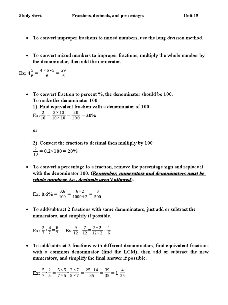 Unit 15, Percentage, Fraction and Decimal Studysheet | PDF | Percentage ...