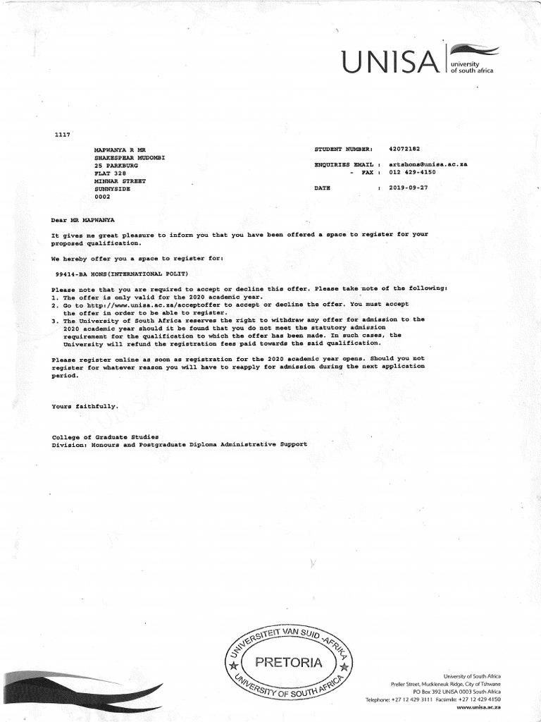 2019.09.27 - UNISA - Offer letter for Hons | PDF