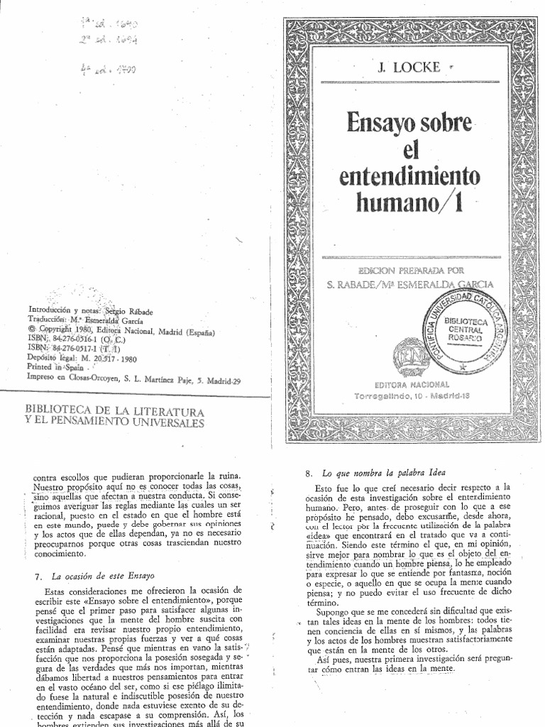Ensayo Sobre El Entendimiento Humano 1 J. Locke | PDF