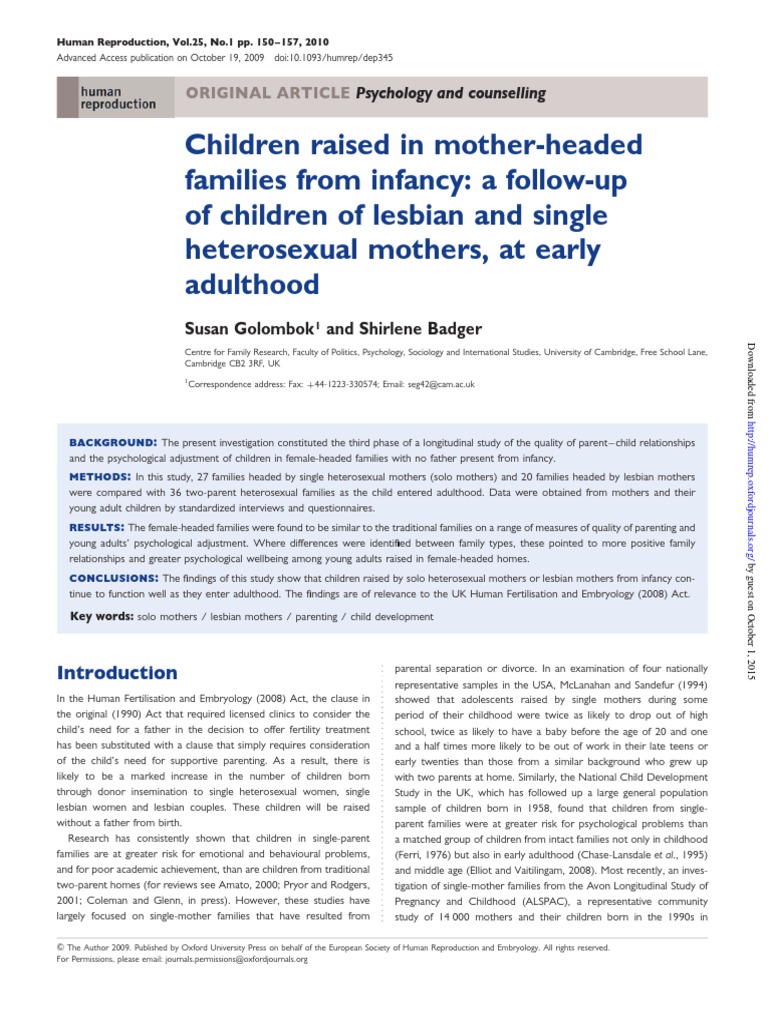 Children Raised in Mother-Headed Families From Infancy: A Follow-Up of ...
