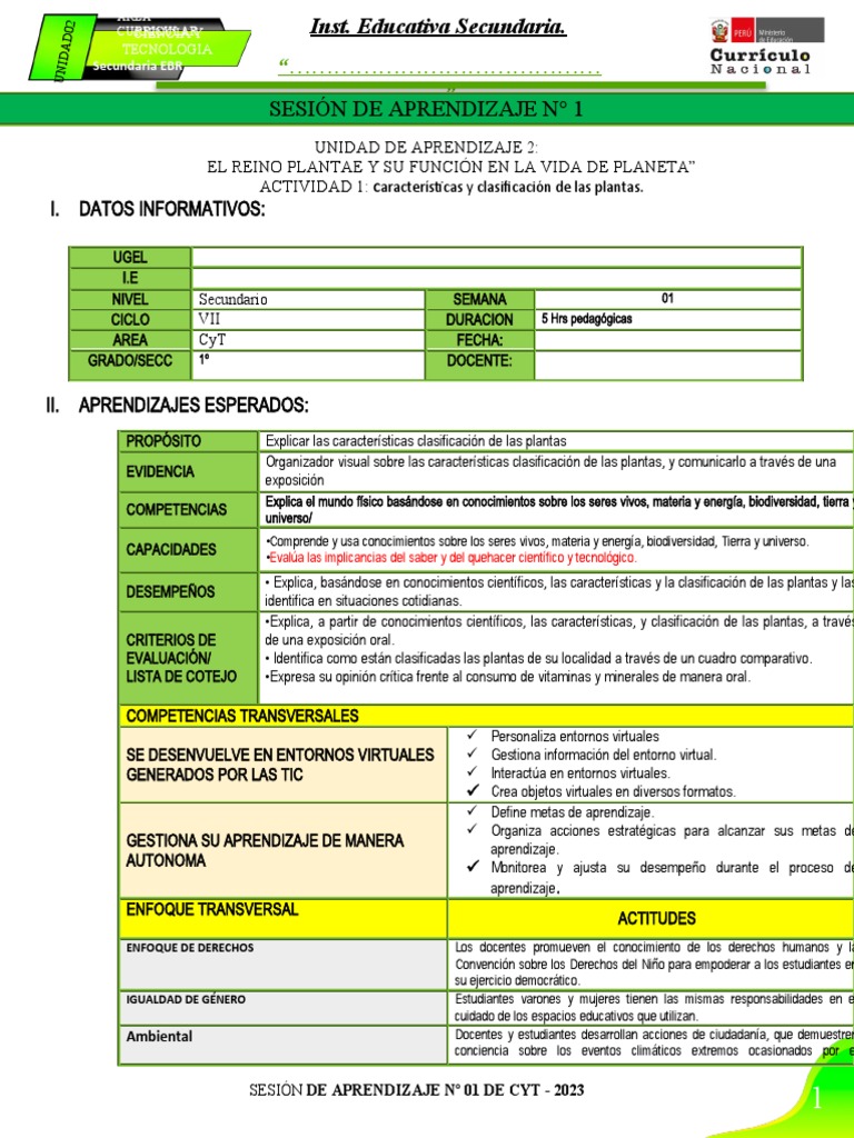 A-1º Ses-Act 1-Cyt Und 2 | PDF | Aprendizaje | Evaluación