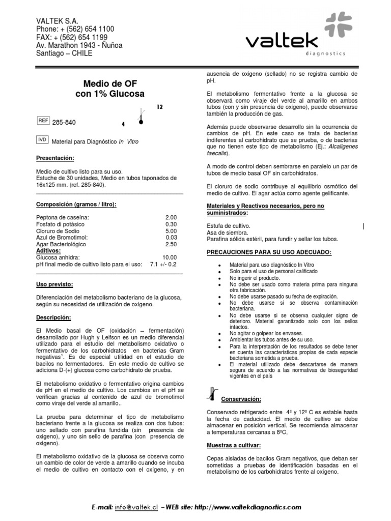 Medio de OF Glucosa Versión 2 Valtek 4 | PDF | Las bacterias | Metabolismo