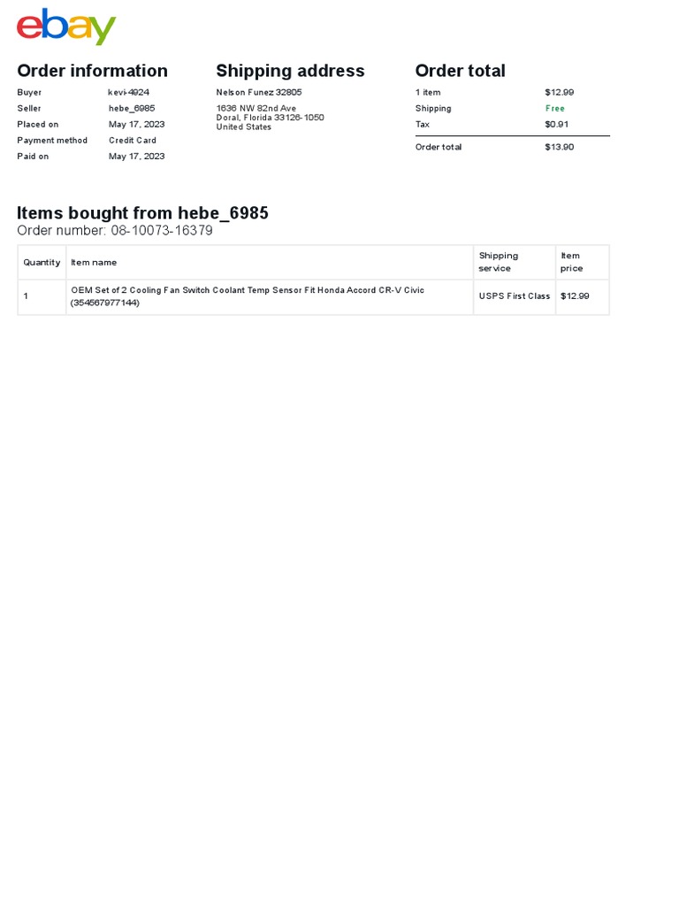 Order Summary for OEM Cooling Fan Sensor | PDF