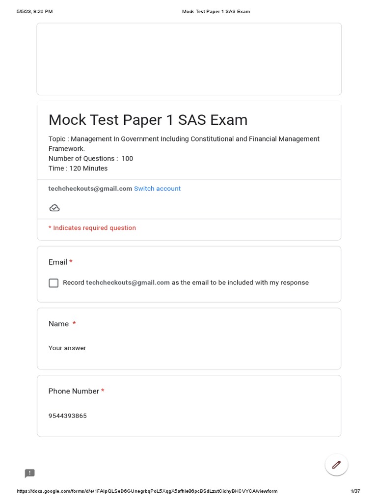 Mock Test Paper 1 SAS Exam | PDF | Government Institutions | Government