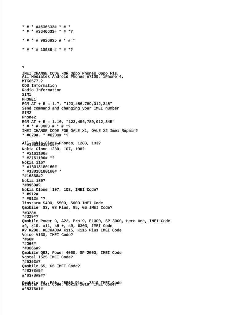 IMEI Change Codes for Various Phones | PDF | Telephony Equipment ...
