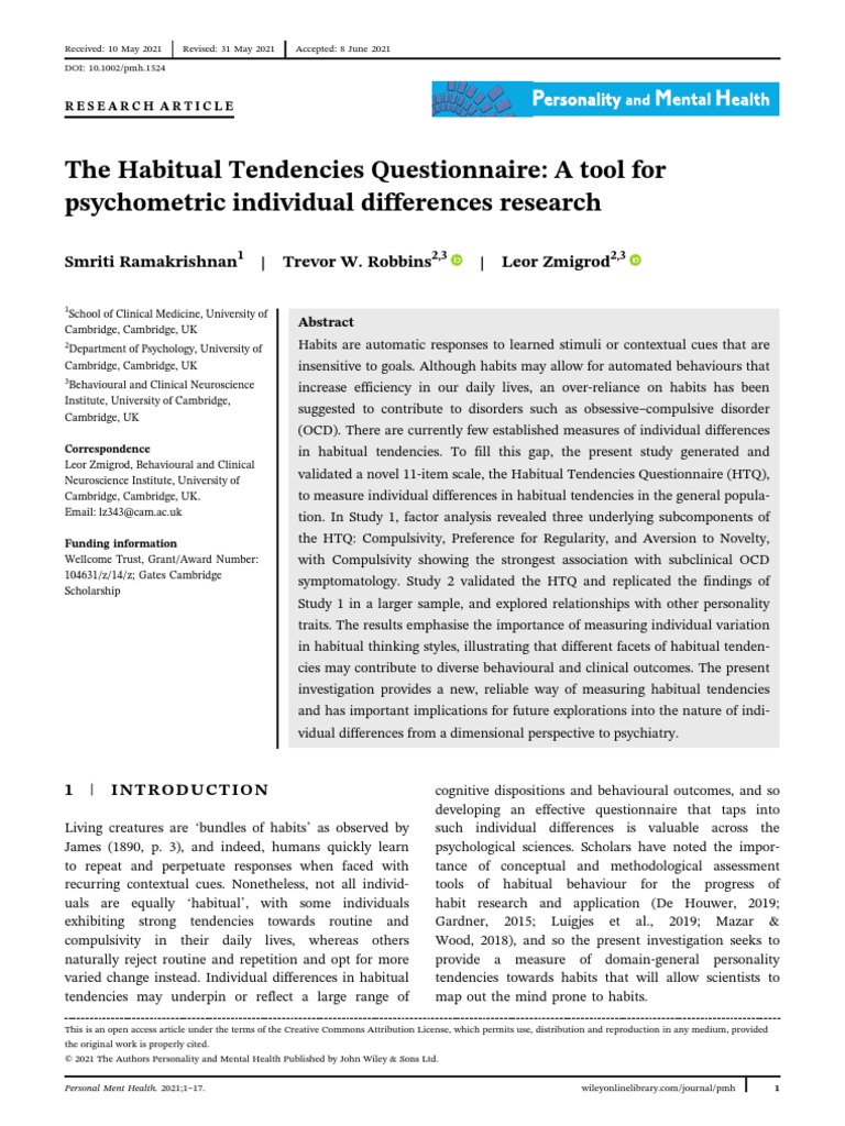 The Habitual Tendencies Questionnaire A Tool For P | PDF | Habits ...