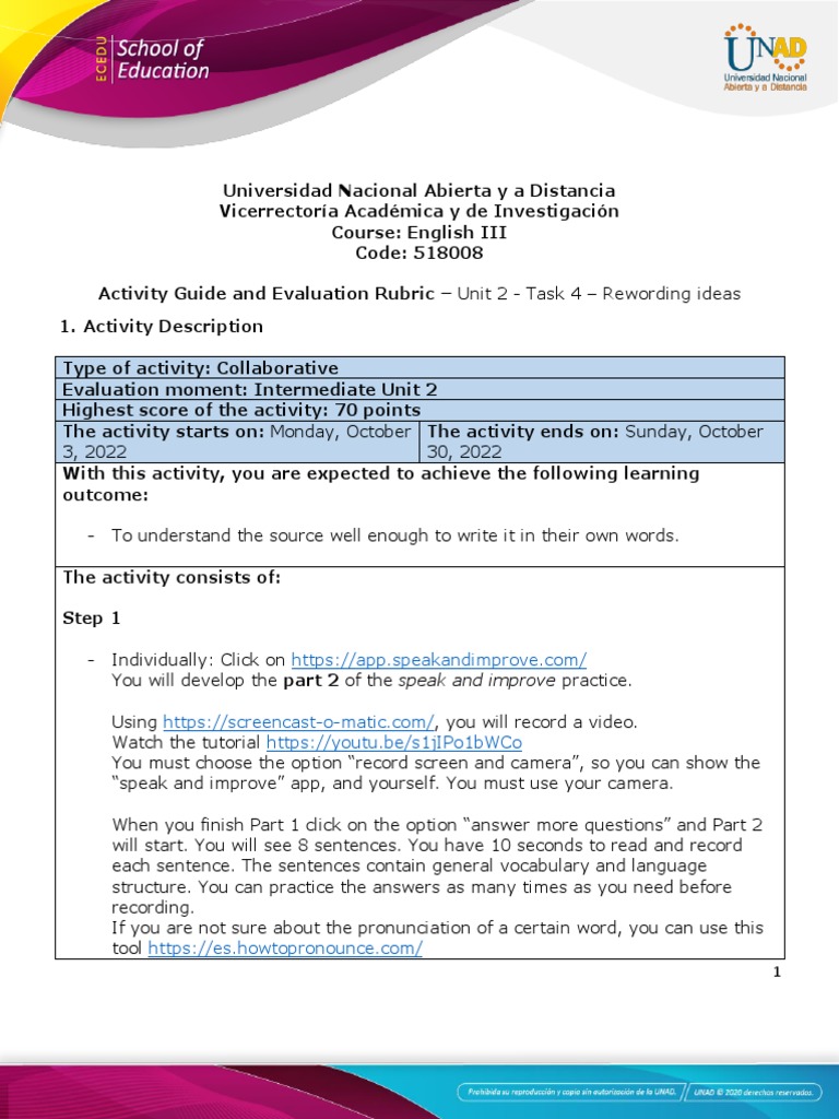 Activity Guide and Evaluation Rubric - Unit 2 - Task 4 - Rewording Ideas | PDF | Plagiarism ...