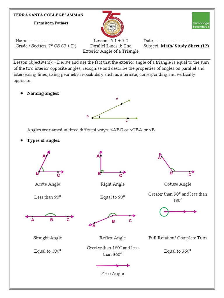 Lessons 5.1 5.2 Parallel Lines The Exterior Angle of A Triangle G7 | PDF | Triangle | Elementary ...