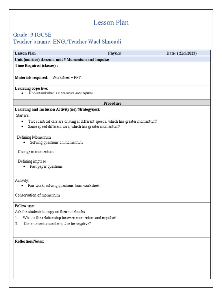 Lesson Plan Physics | PDF