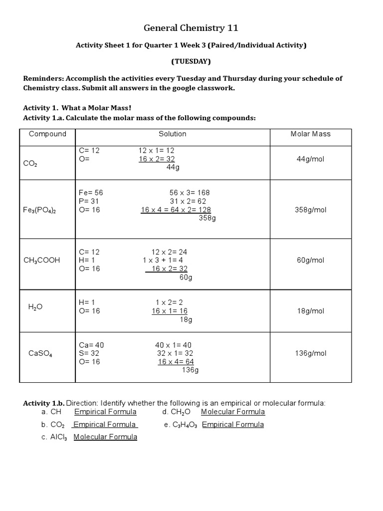 Activity Sheet For Gen Chem 1 Q1W3. Molecular and Emperical Formula ...