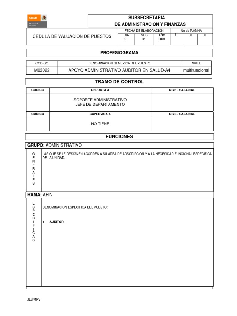 Cédula de Valuación: Auditor en Salud | PDF | Auditoría | Economias