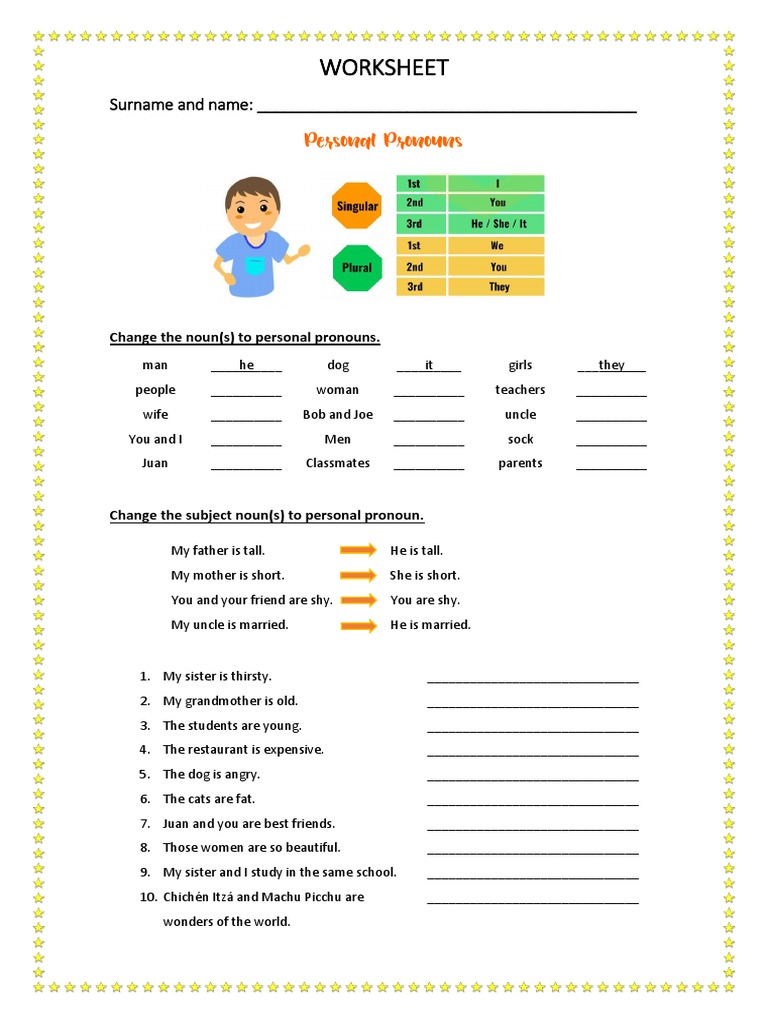 Worksheet 01 - Personal Pronouns, Indefinite Articles and To Be ...