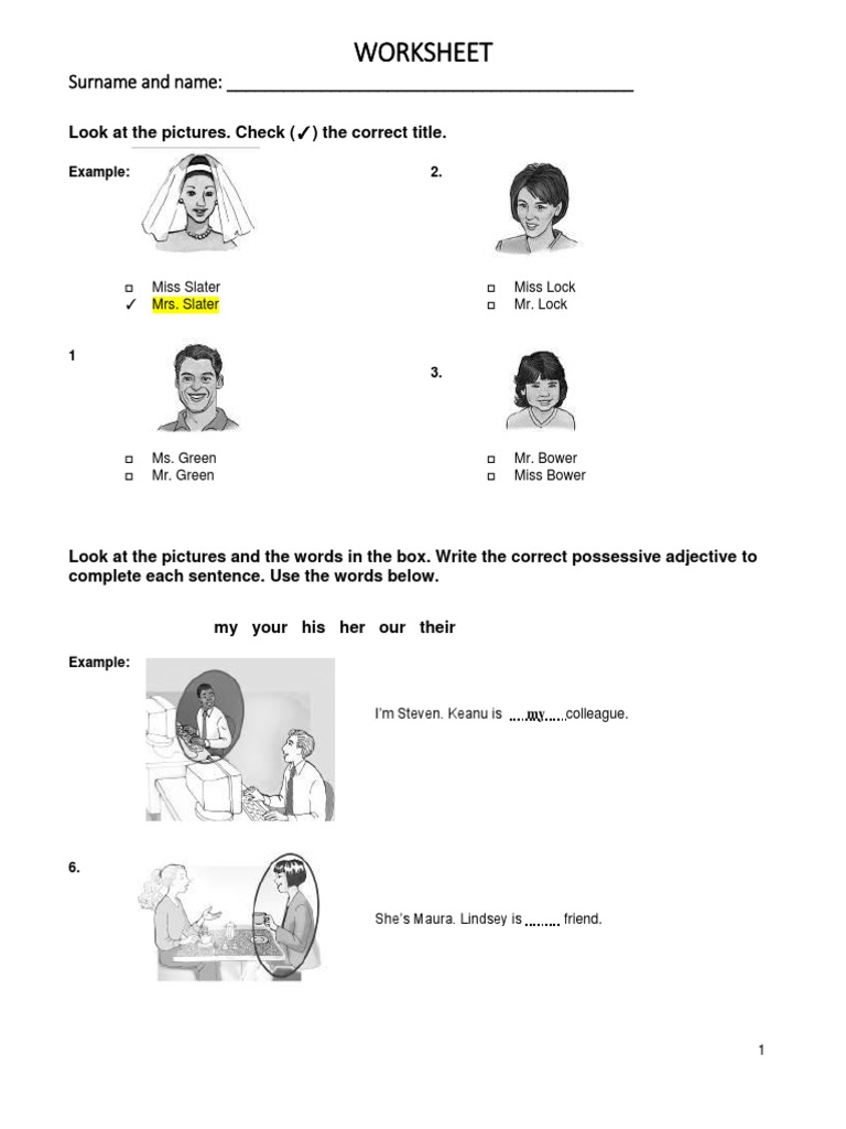 Worksheet 02 - Relationship, Titles, Possessive Adjectives | PDF ...
