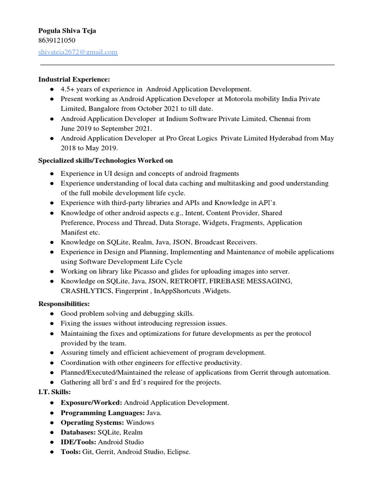 Shiva Resume | PDF | Android (Operating System) | Java (Programming Language)